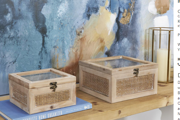 LIGHT BROWN WOOD GLASS TOP BOX WITH RATTAN SIDE PANELS AND BRONZE HOOK ...